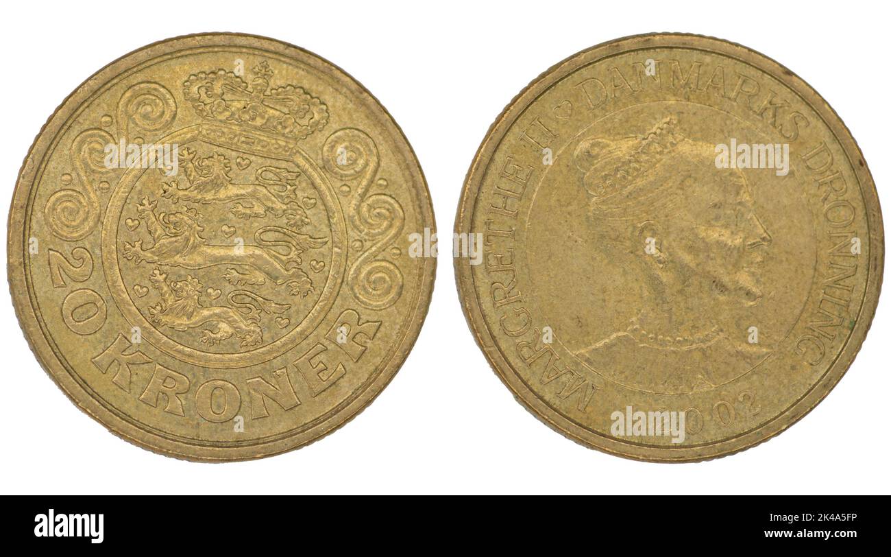 20 Danish Crown (DKK) coin with both sides on isolated white background ...