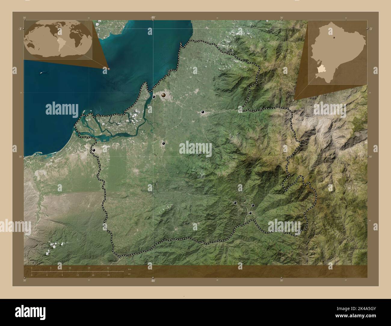 El Oro, province of Ecuador. Low resolution satellite map. Locations of ...