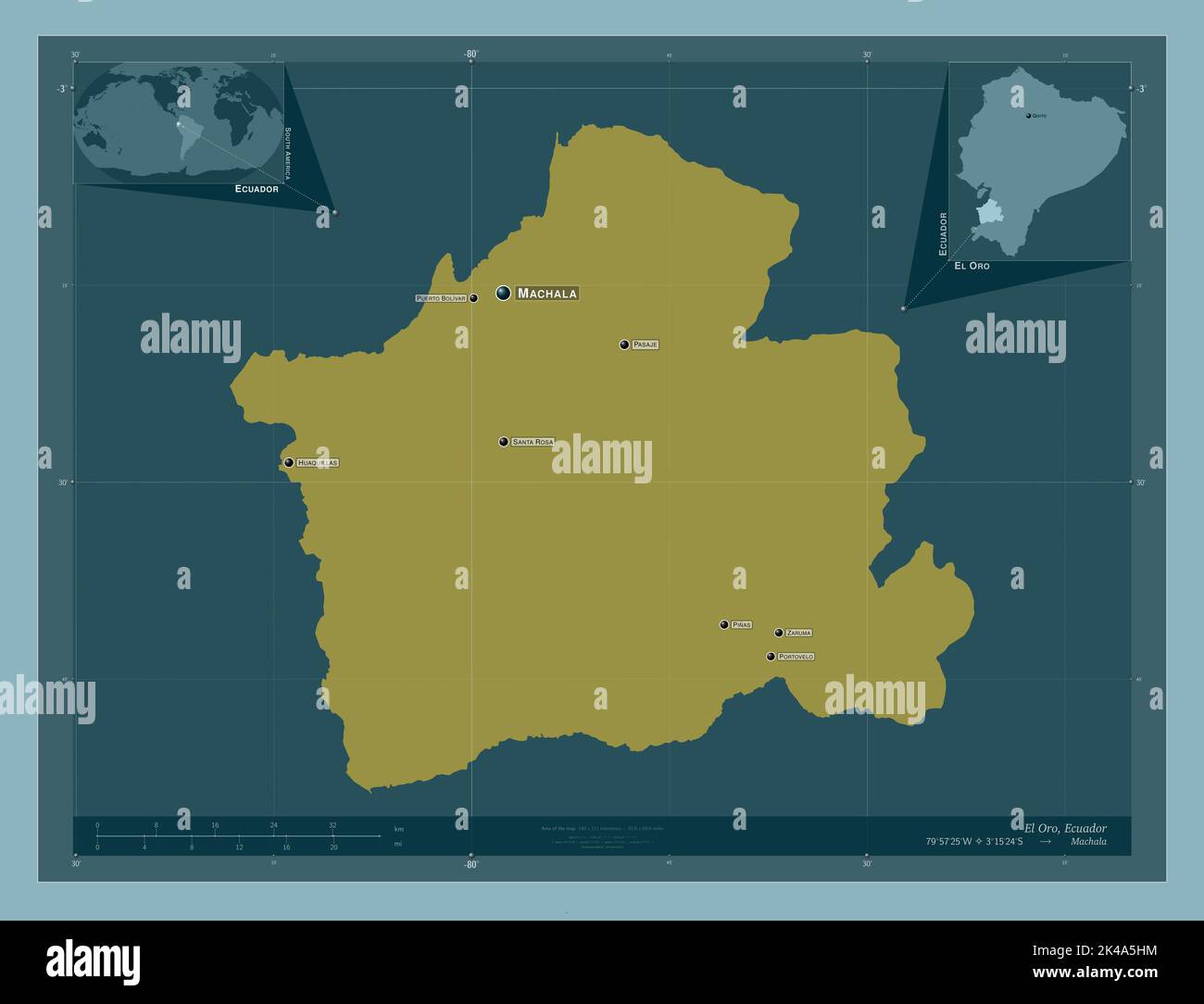 El Oro, province of Ecuador. Solid color shape. Locations and names of ...