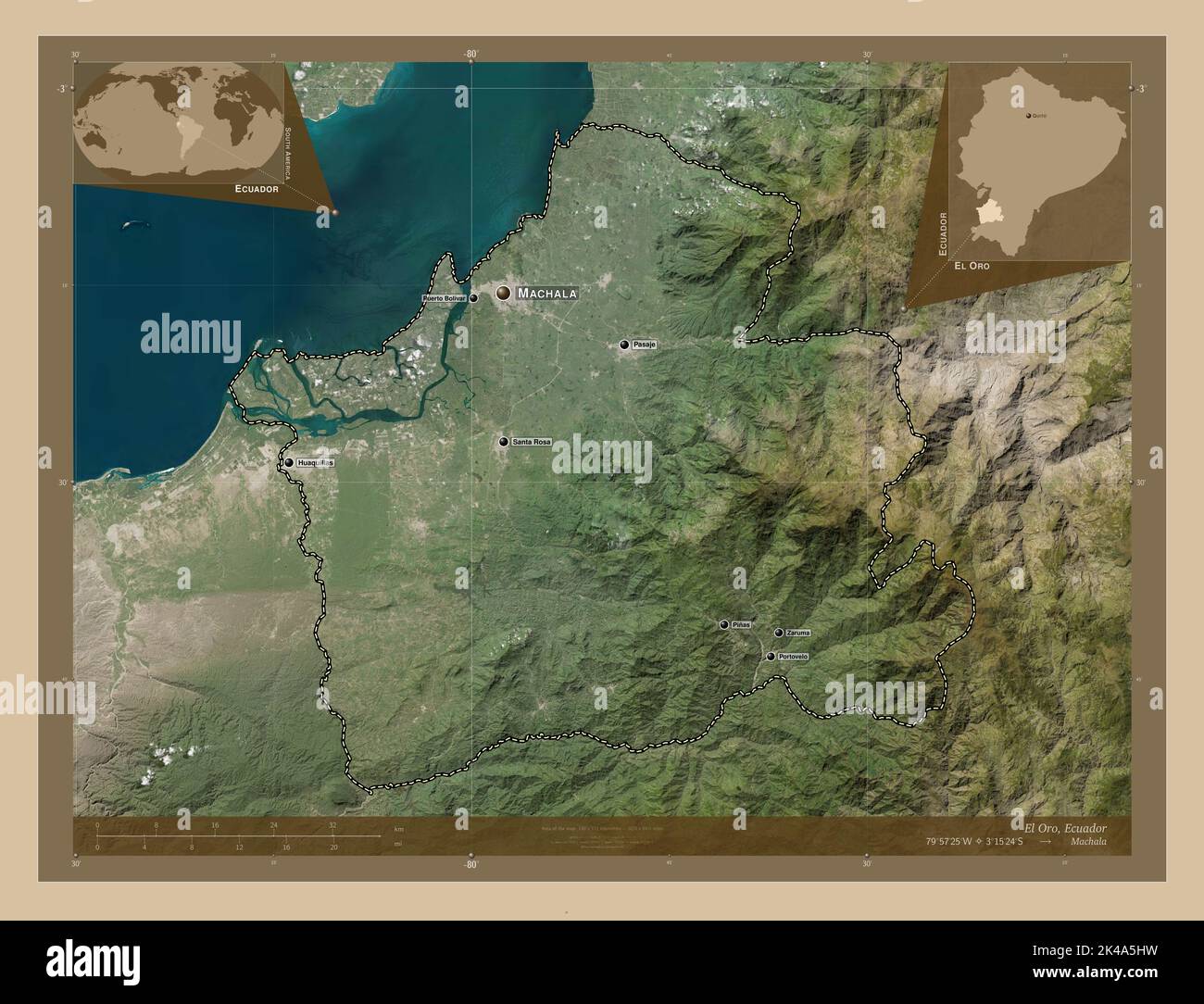 El Oro, province of Ecuador. Low resolution satellite map. Locations ...