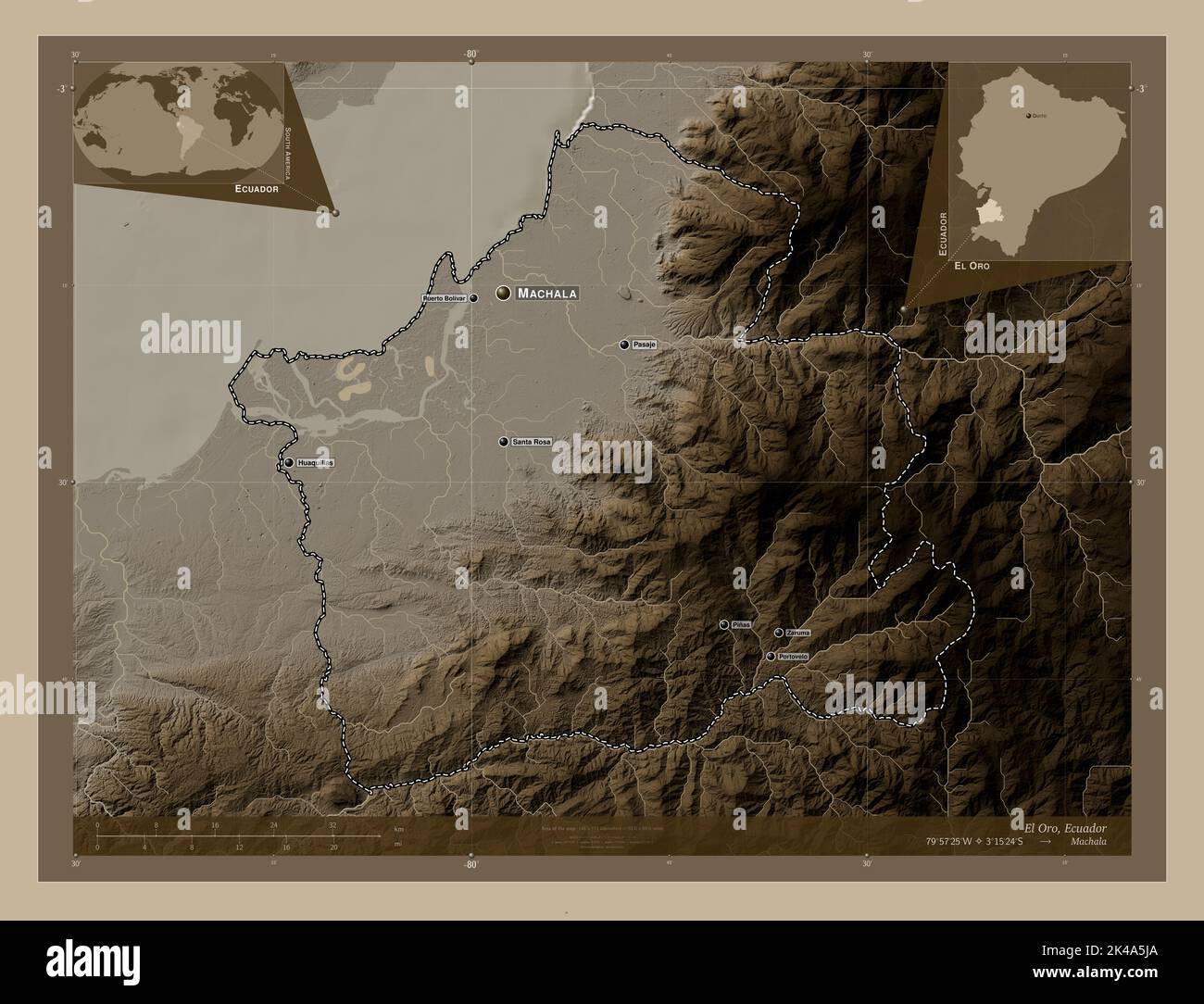 El Oro, province of Ecuador. Elevation map colored in sepia tones with ...