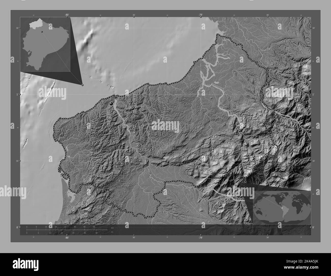Esmeraldas, province of Ecuador. Bilevel elevation map with lakes and ...