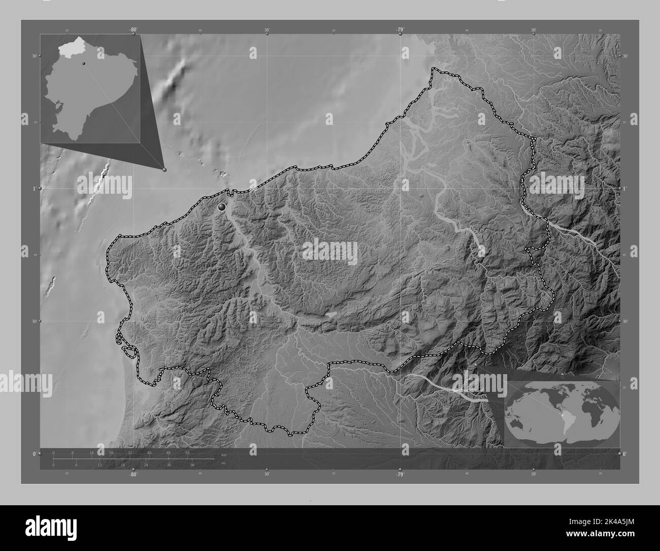 Esmeraldas, province of Ecuador. Grayscale elevation map with lakes and ...