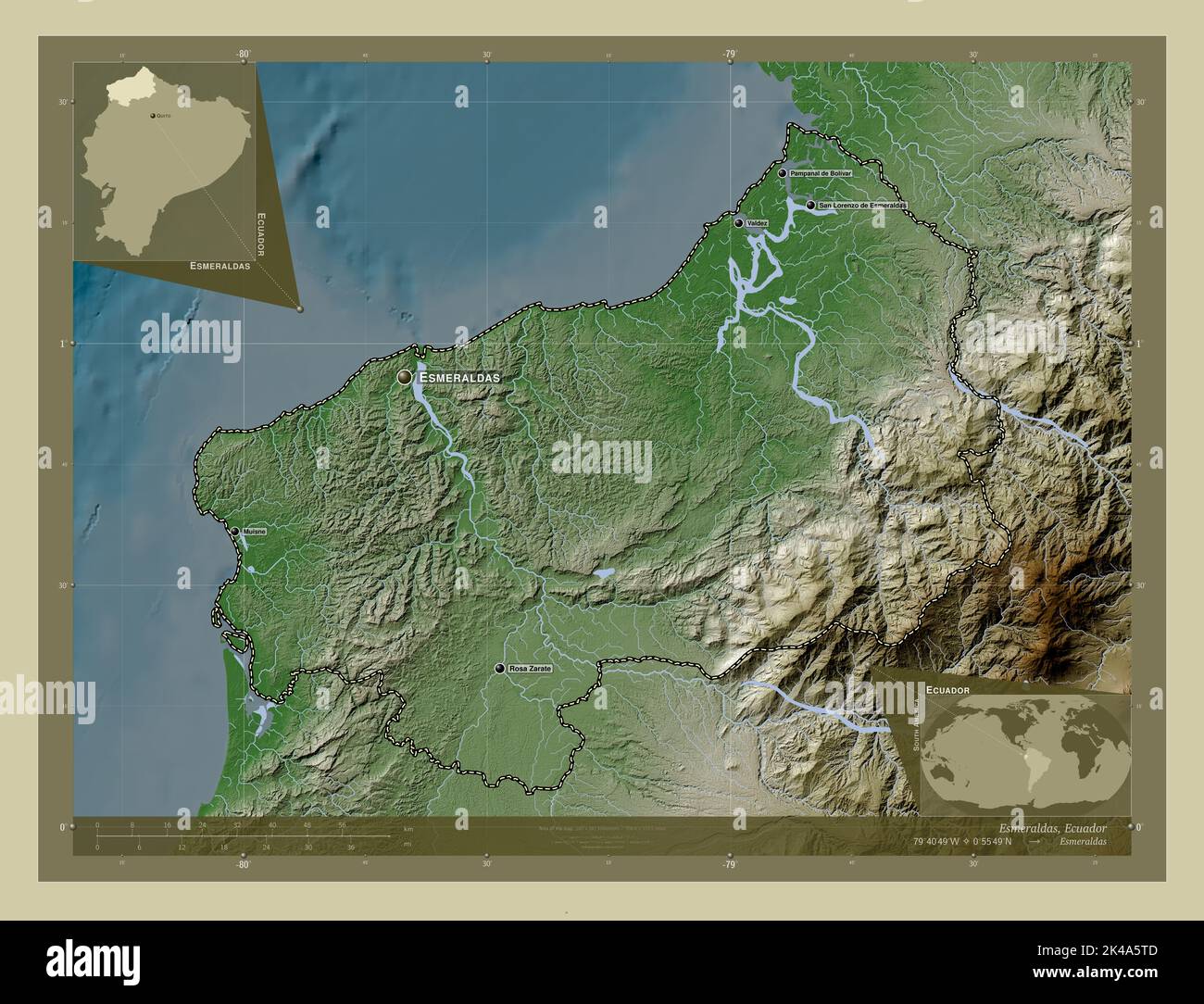 Esmeraldas, province of Ecuador. Elevation map colored in wiki style ...