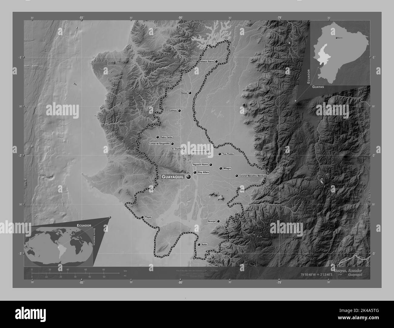 Guayas, province of Ecuador. Grayscale elevation map with lakes and ...