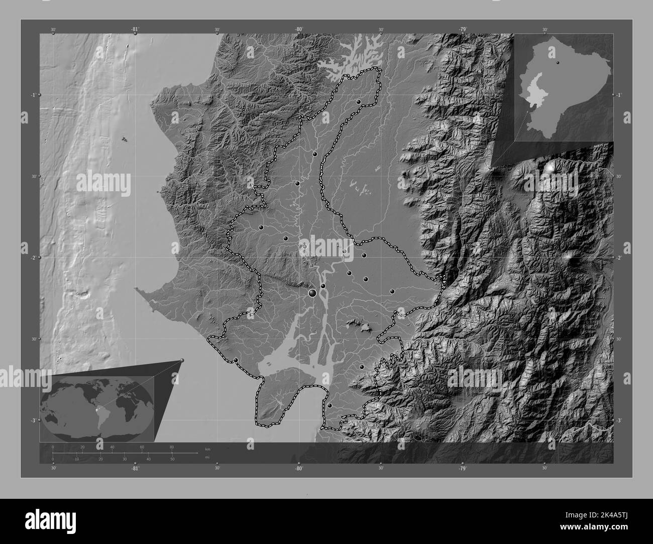Guayas, province of Ecuador. Bilevel elevation map with lakes and ...