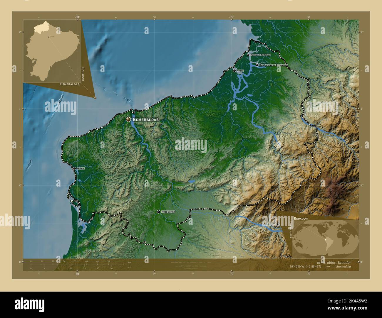 Esmeraldas, province of Ecuador. Colored elevation map with lakes and ...