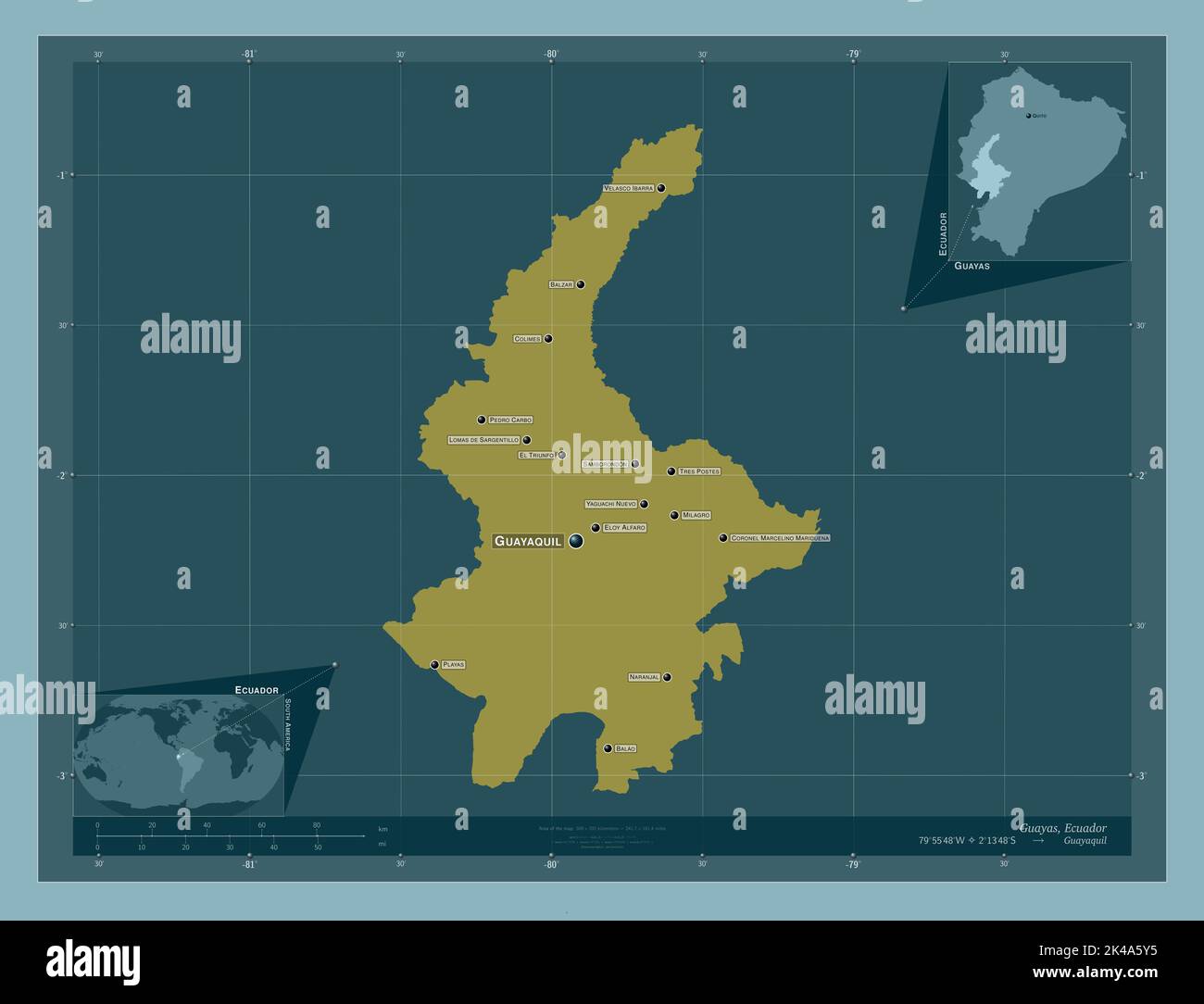 Guayas, province of Ecuador. Solid color shape. Locations and names of ...