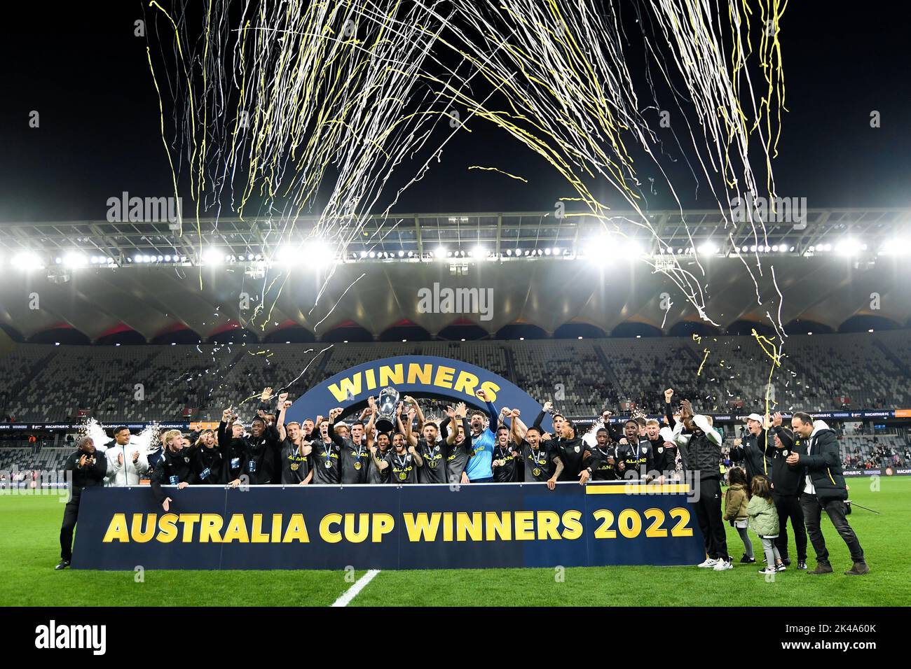 SYDNEY, AUSTRALIA - OCTOBER 01: Macarthur FC celebrate winning the ...
