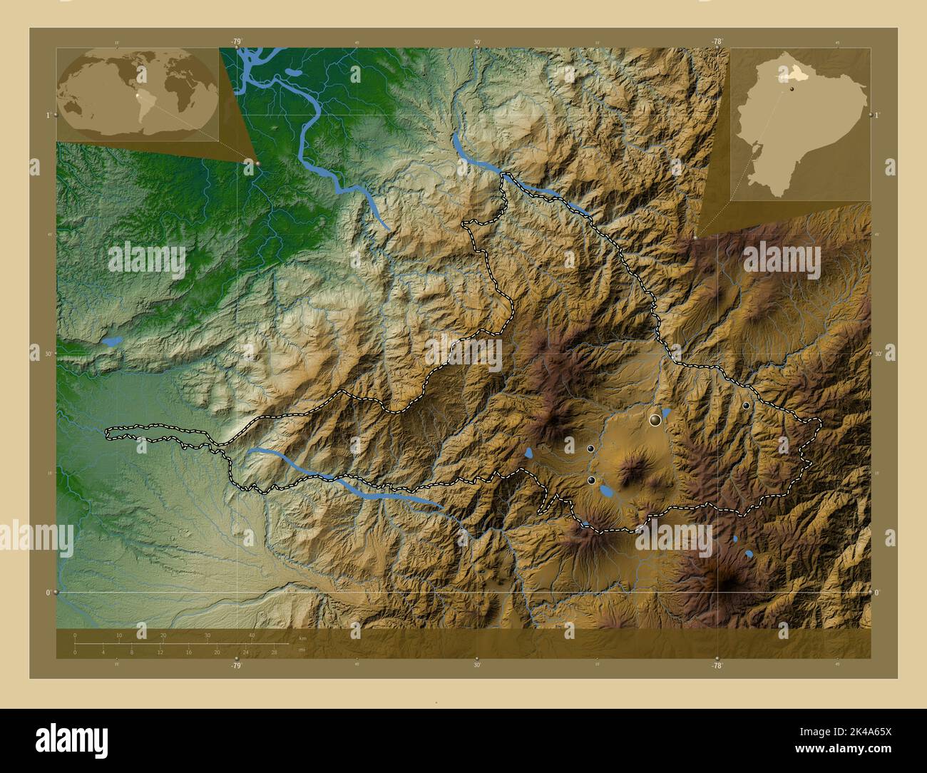 Imbabura, province of Ecuador. Colored elevation map with lakes and ...