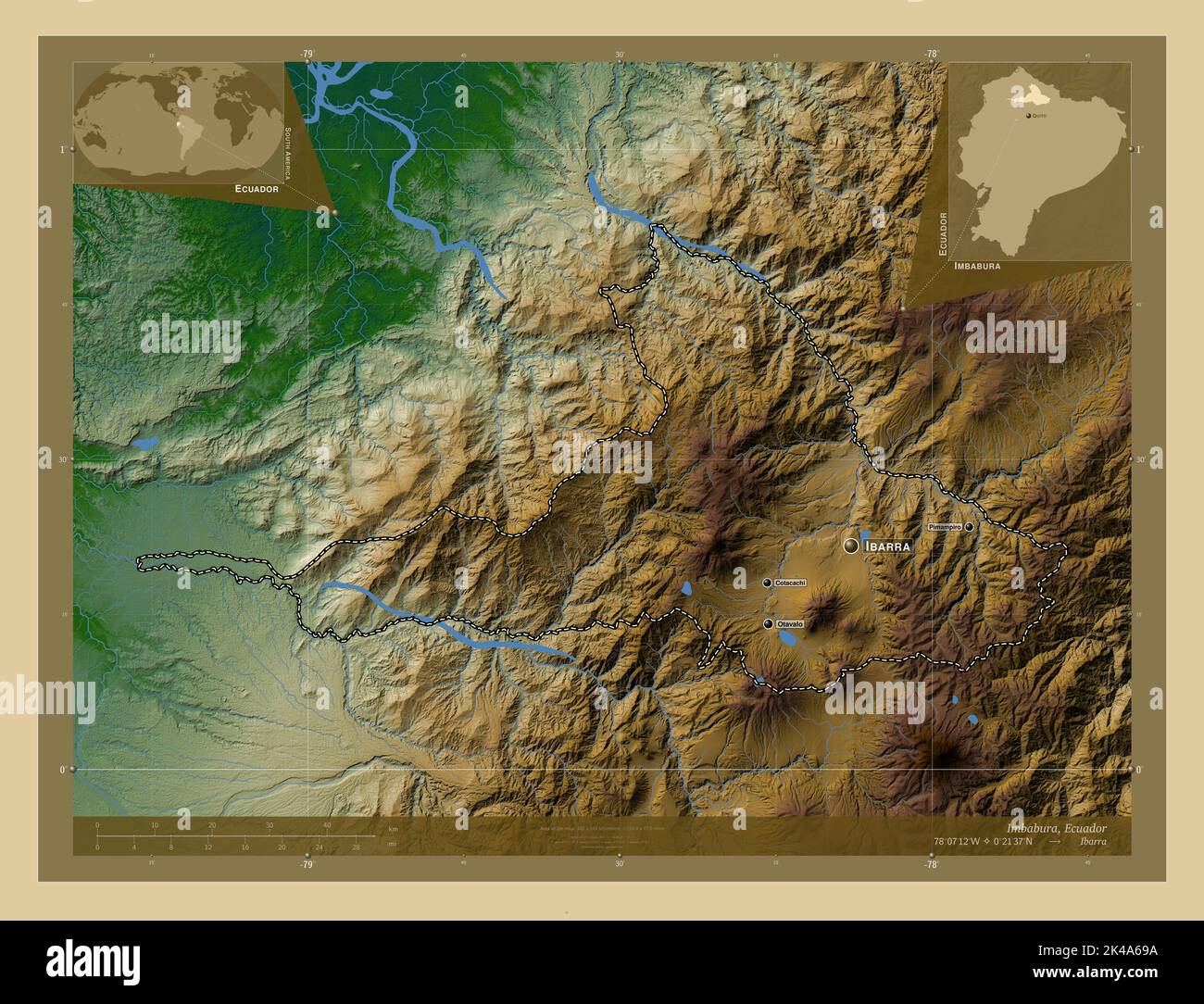Imbabura, province of Ecuador. Colored elevation map with lakes and ...