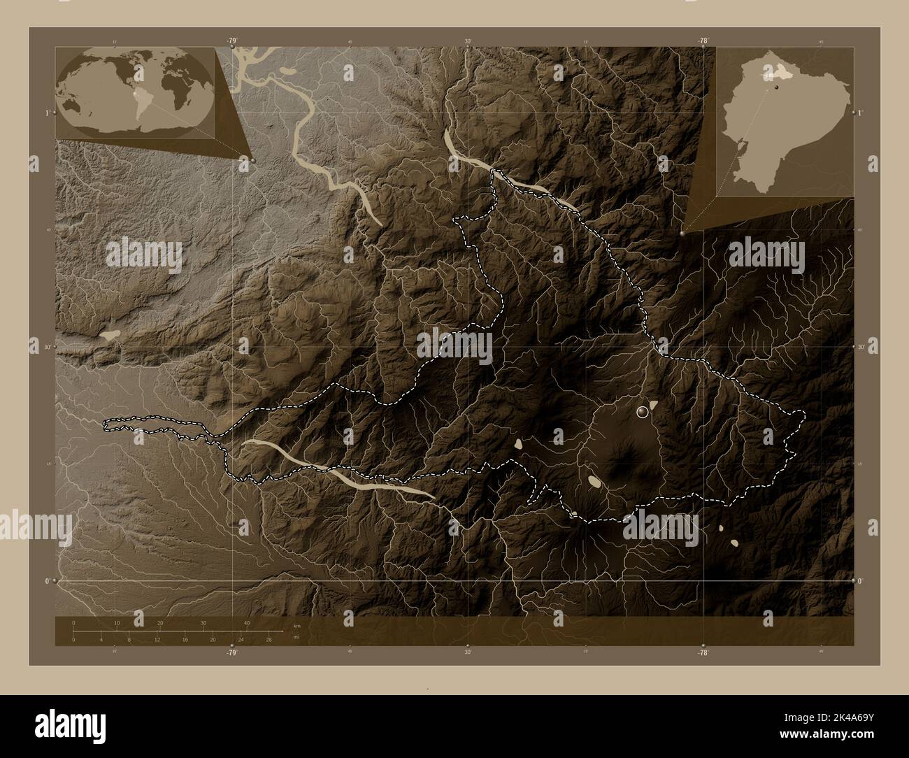 Imbabura, province of Ecuador. Elevation map colored in sepia tones ...