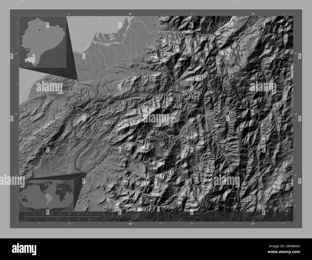 Loja, province of Ecuador. Bilevel elevation map with lakes and rivers ...