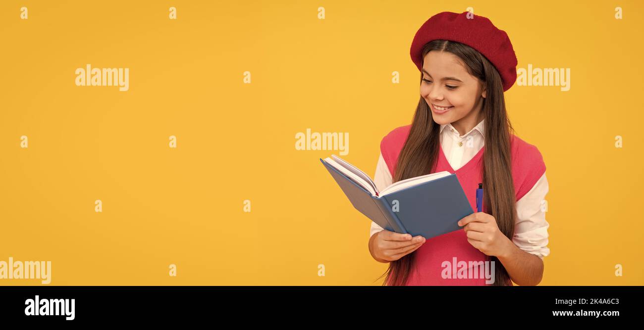 back to school. cheerful kid in beret ready to study. smiling child ...