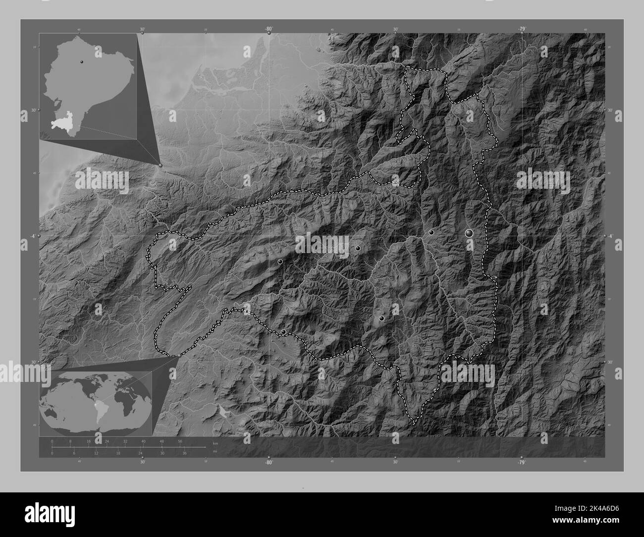 Loja, province of Ecuador. Grayscale elevation map with lakes and ...