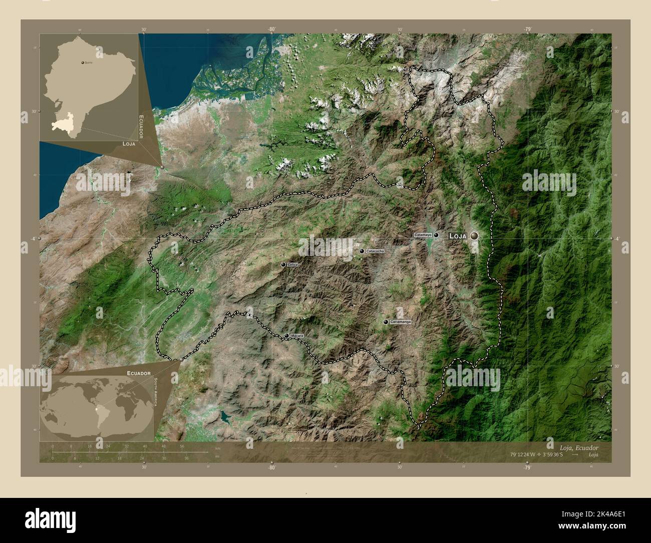 Loja, province of Ecuador. High resolution satellite map. Locations and ...