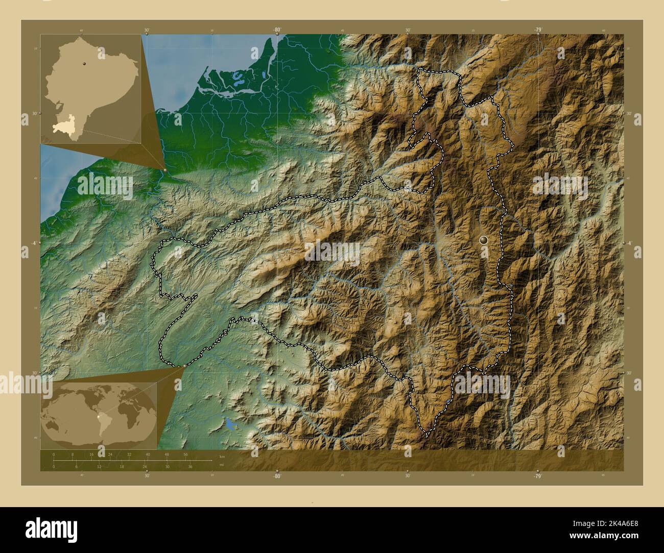 Loja, province of Ecuador. Colored elevation map with lakes and rivers ...