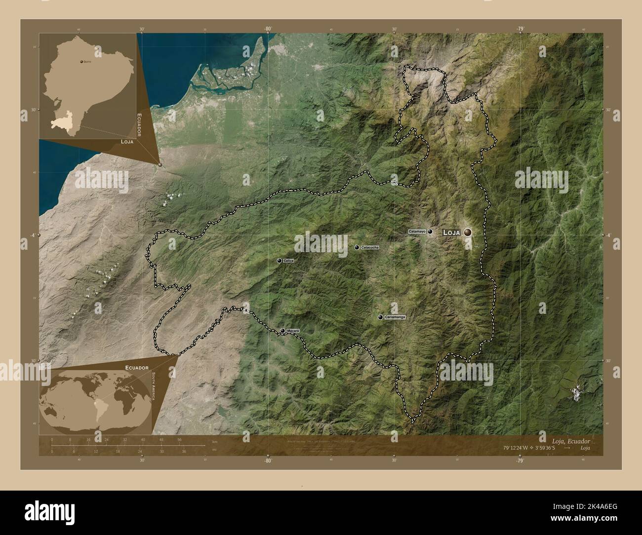 Loja, province of Ecuador. Low resolution satellite map. Locations and ...