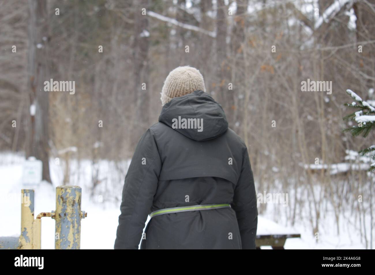 A Caucasian woman walking in the road covered with snow Stock Photo - Alamy