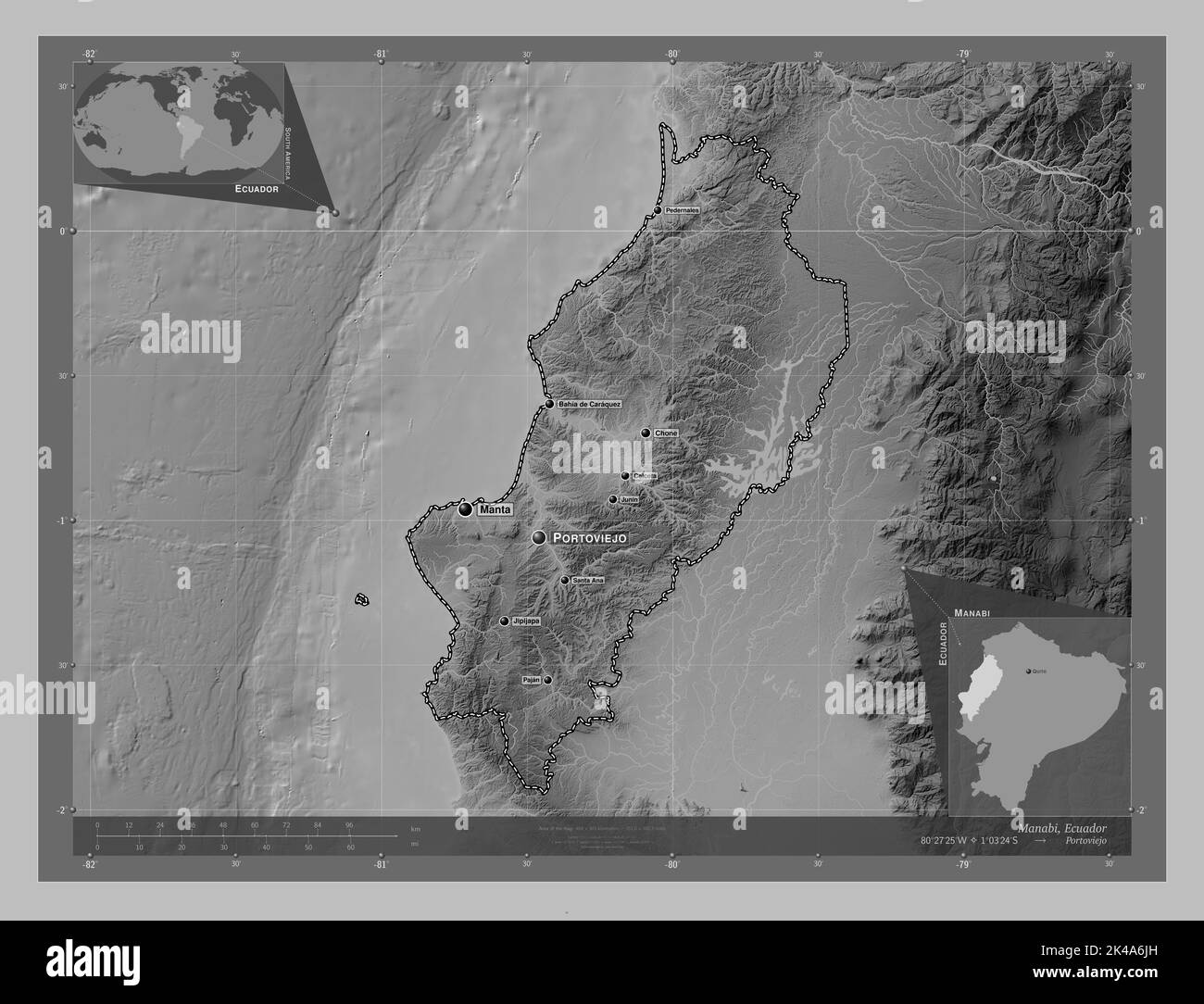 Manabi, province of Ecuador. Grayscale elevation map with lakes and ...
