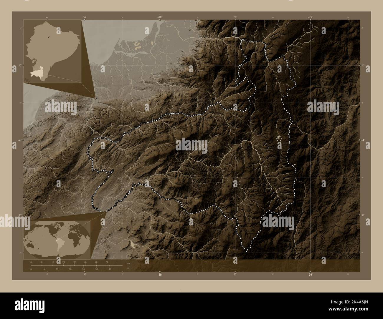 Loja, province of Ecuador. Elevation map colored in sepia tones with ...
