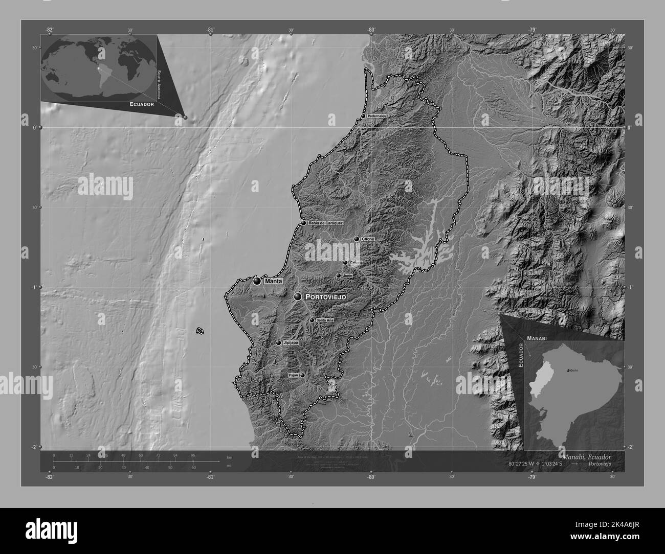 Manabi, province of Ecuador. Bilevel elevation map with lakes and ...