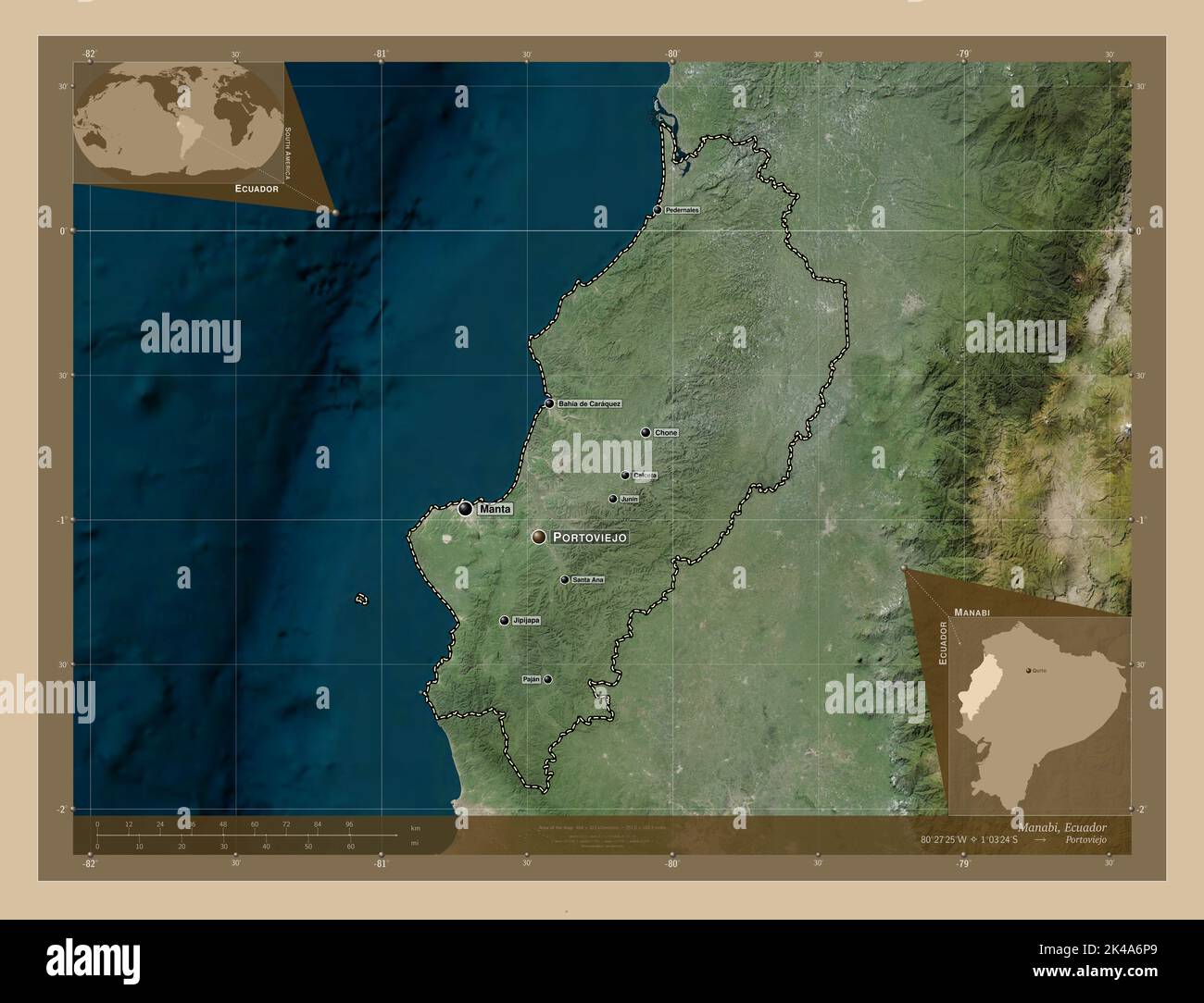 Manabi, province of Ecuador. Low resolution satellite map. Locations ...