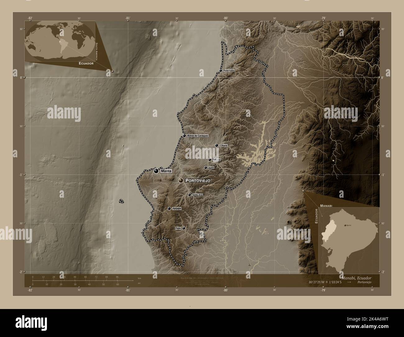 Manabi, province of Ecuador. Elevation map colored in sepia tones with ...