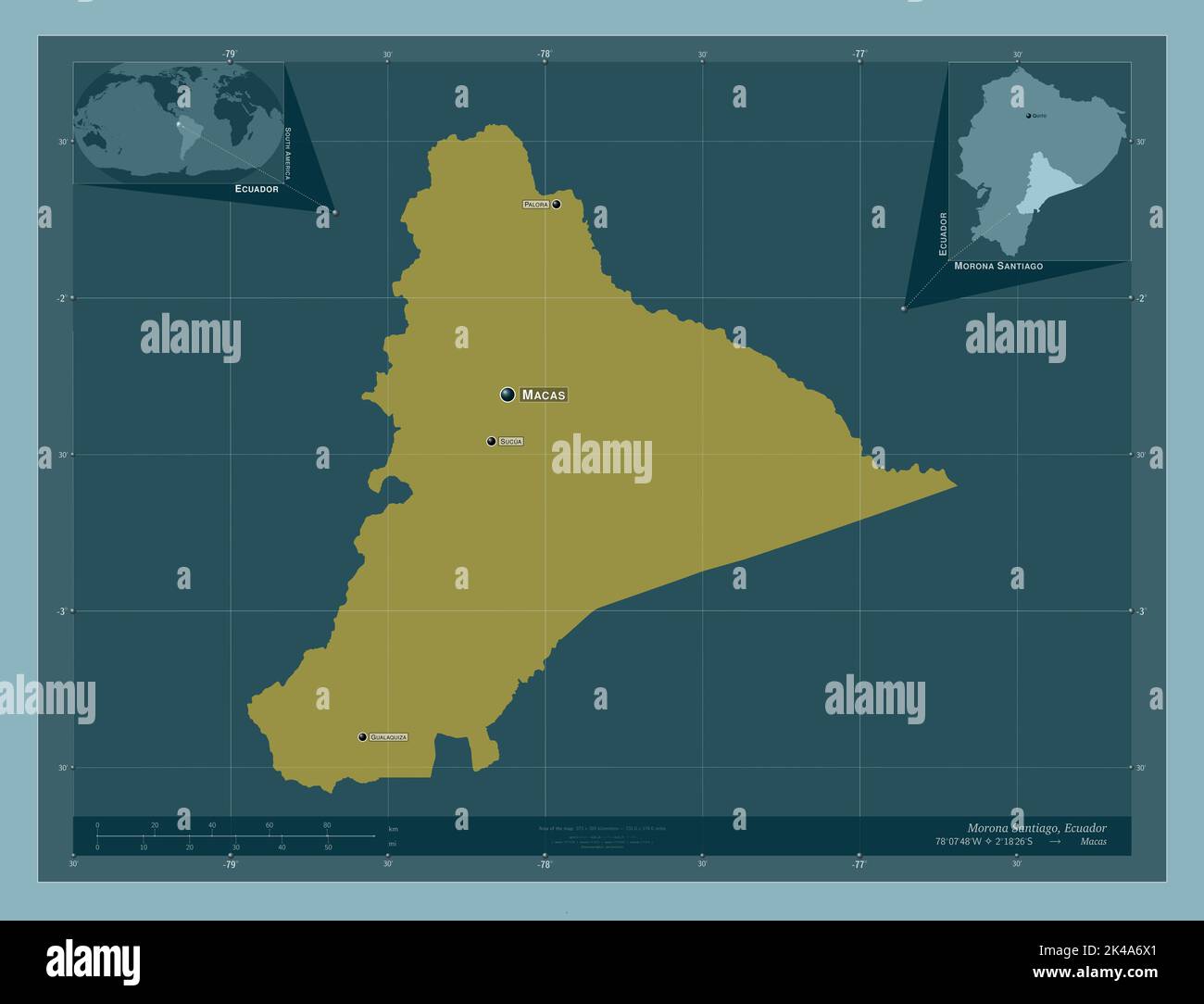 Morona Santiago, province of Ecuador. Solid color shape. Locations and ...