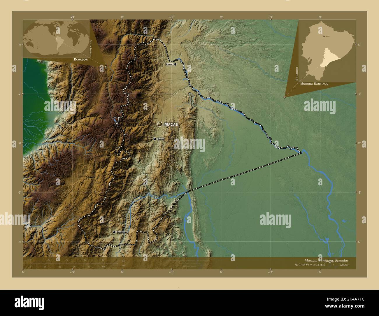 Morona Santiago, province of Ecuador. Colored elevation map with lakes ...