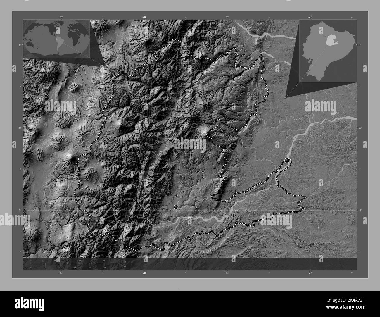 Napo, province of Ecuador. Bilevel elevation map with lakes and rivers ...