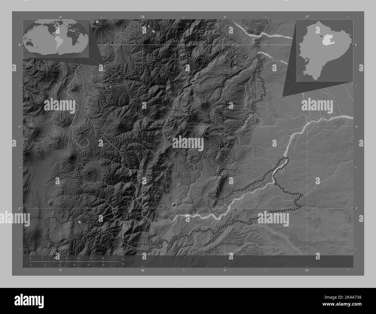Napo, province of Ecuador. Grayscale elevation map with lakes and ...
