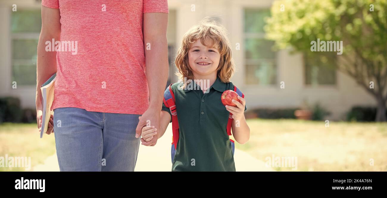 Banner of child back to school, happy child with apple hold cropped ...