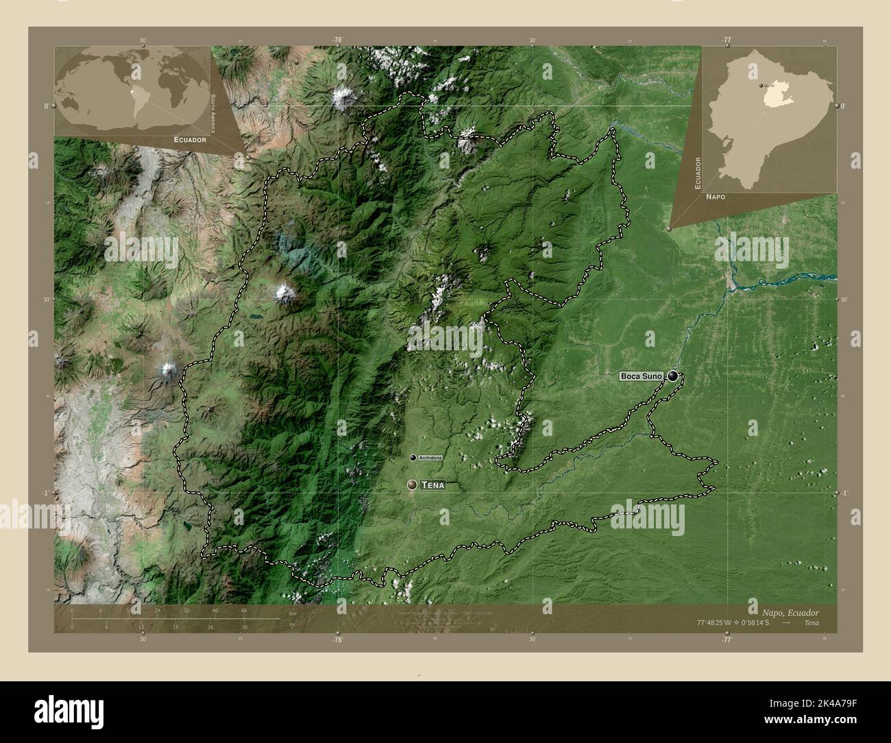 Napo, province of Ecuador. High resolution satellite map. Locations and ...
