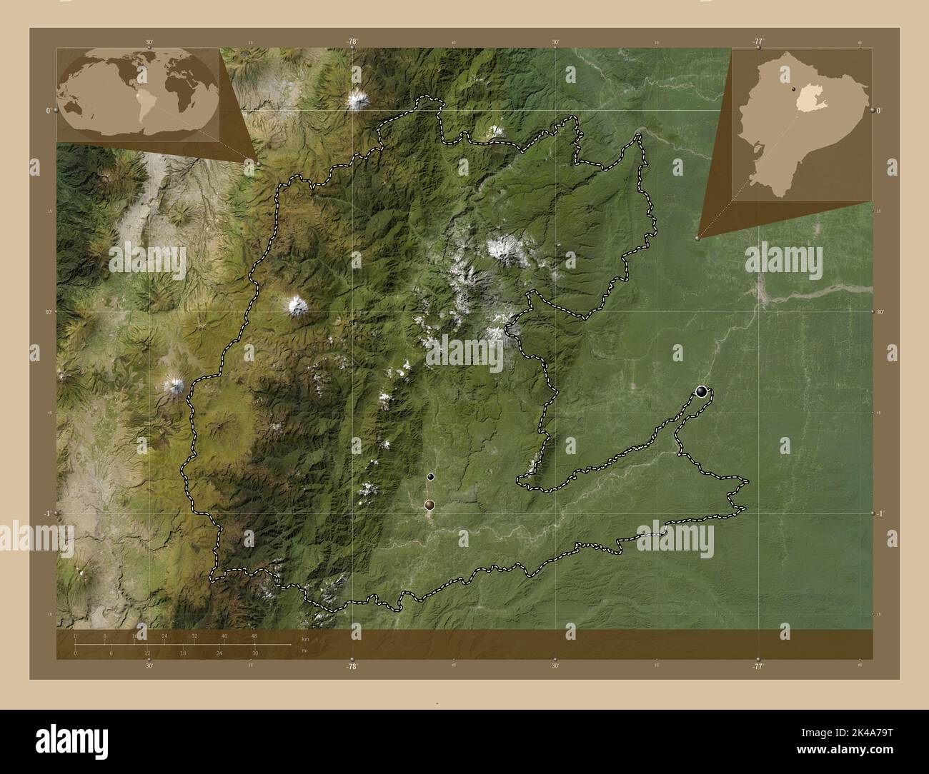 Napo, province of Ecuador. Low resolution satellite map. Locations of ...
