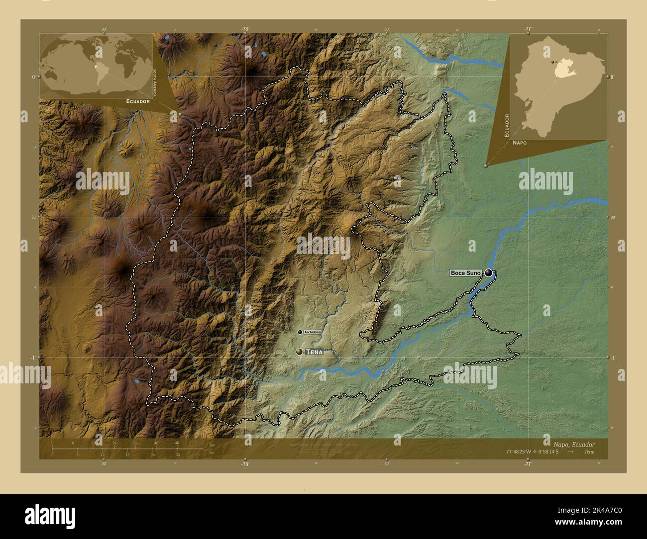 Napo, province of Ecuador. Colored elevation map with lakes and rivers ...