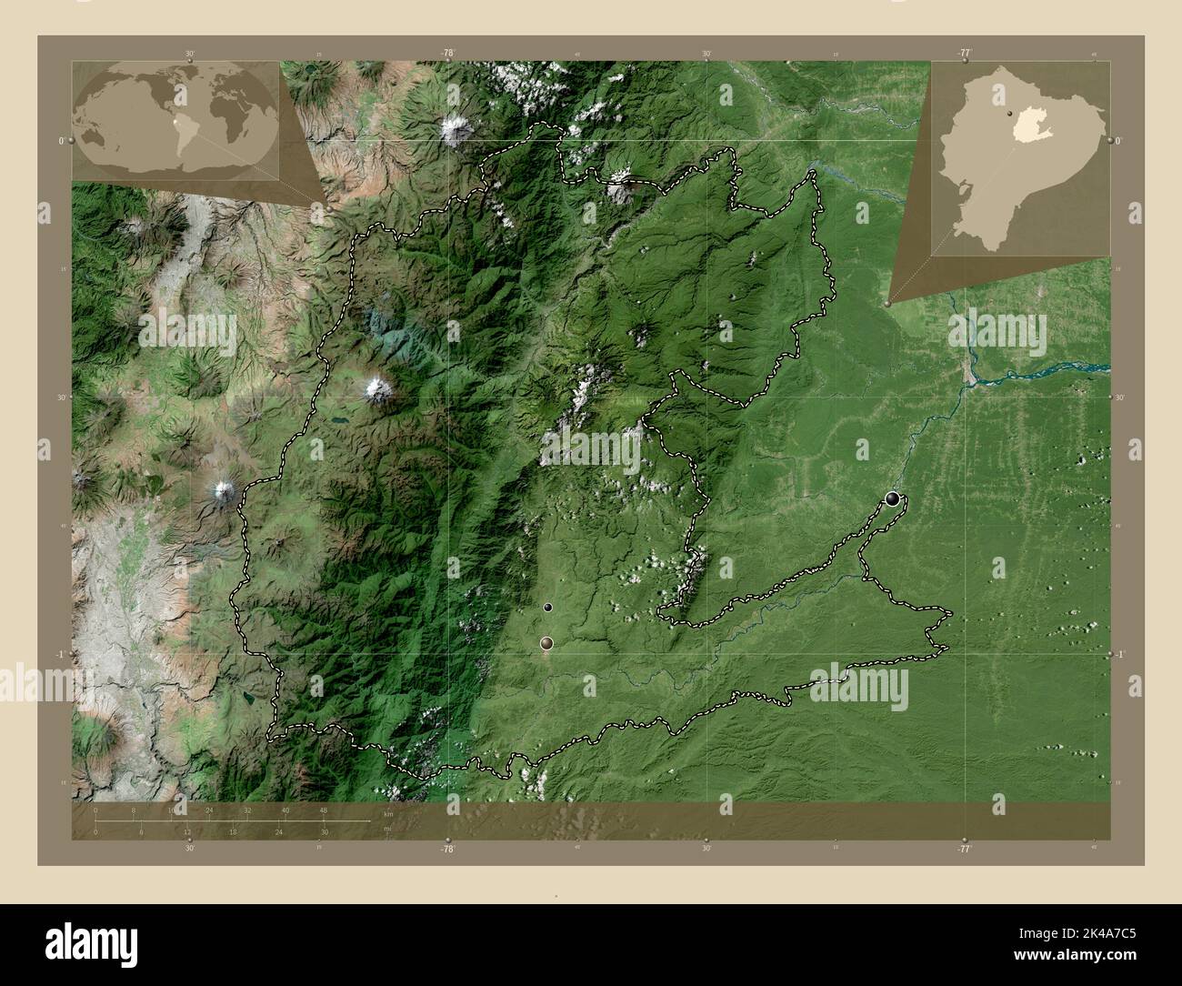 Napo, province of Ecuador. High resolution satellite map. Locations of ...