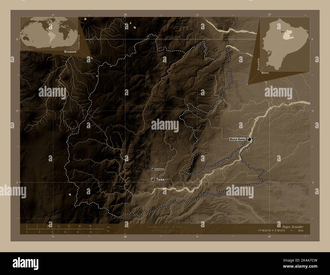 Napo, province of Ecuador. Elevation map colored in sepia tones with ...