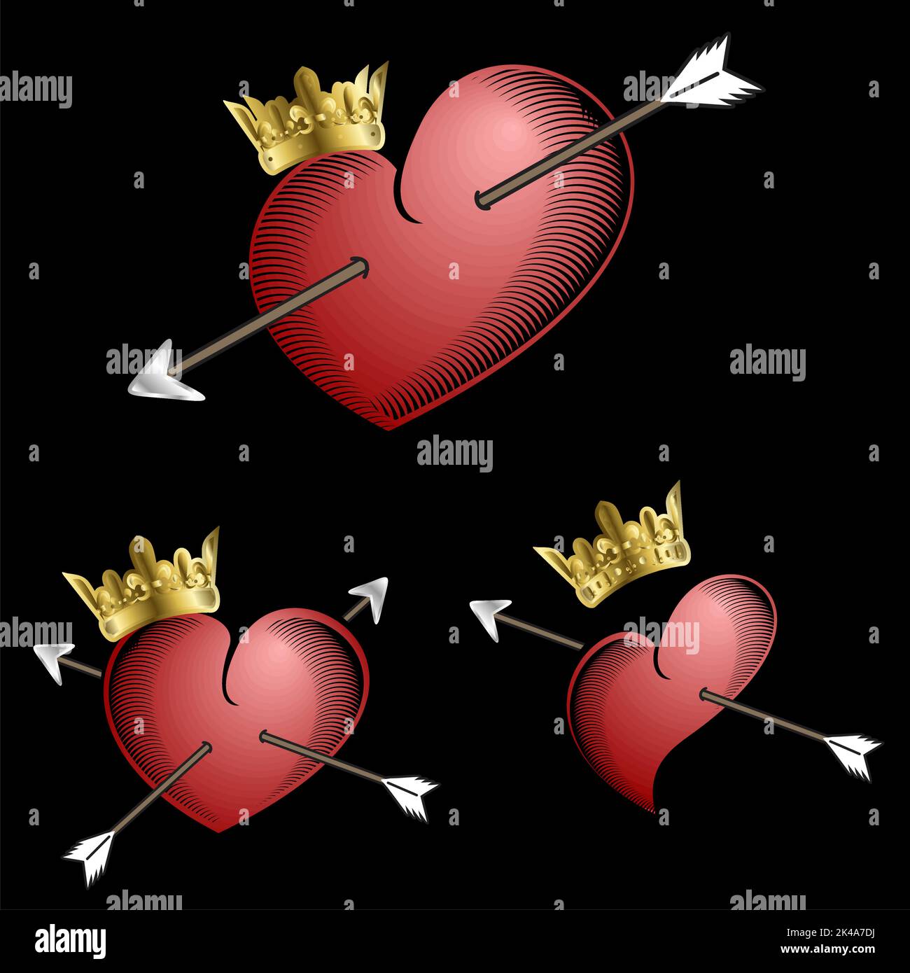 red hearts tattoo stickers golden crown set pack illustration in vector ...