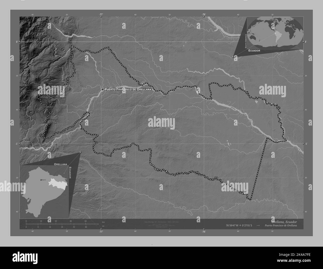 Orellana, province of Ecuador. Grayscale elevation map with lakes and ...
