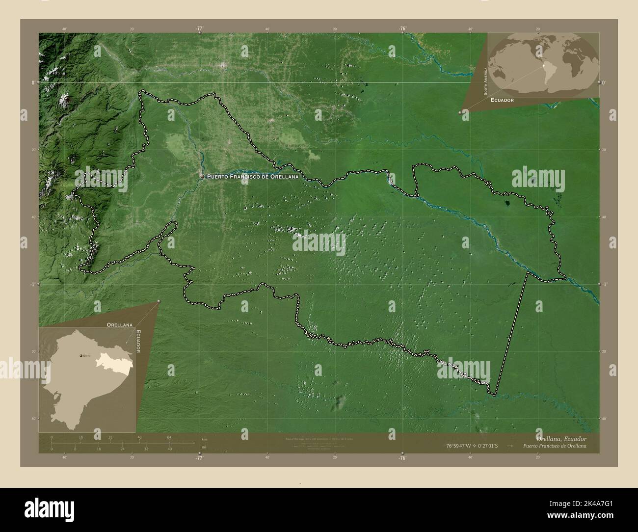 Orellana, province of Ecuador. High resolution satellite map. Locations ...