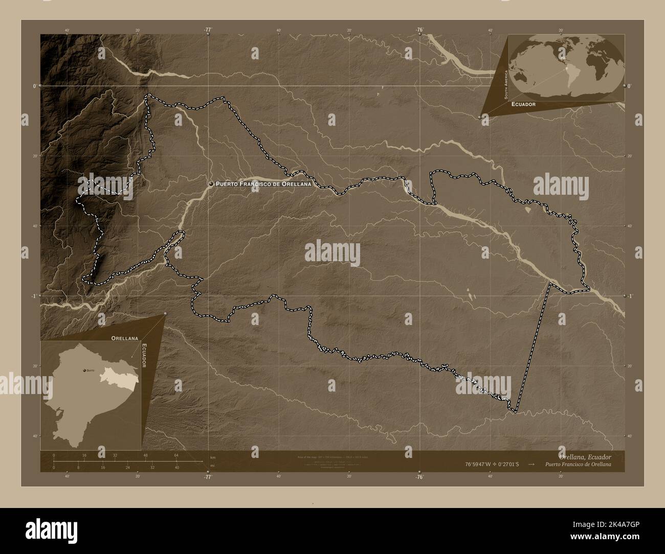 Orellana, province of Ecuador. Elevation map colored in sepia tones ...