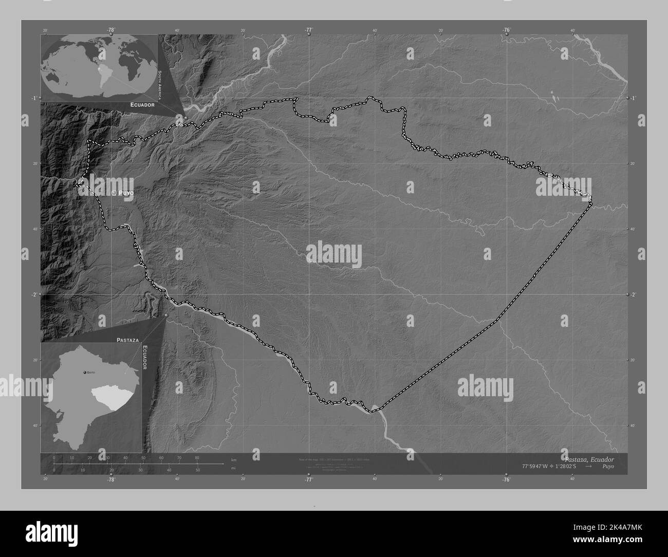 Pastaza, province of Ecuador. Grayscale elevation map with lakes and ...