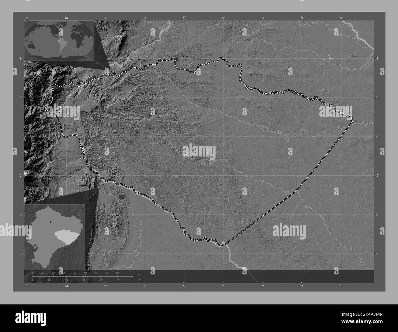 Pastaza, province of Ecuador. Bilevel elevation map with lakes and ...