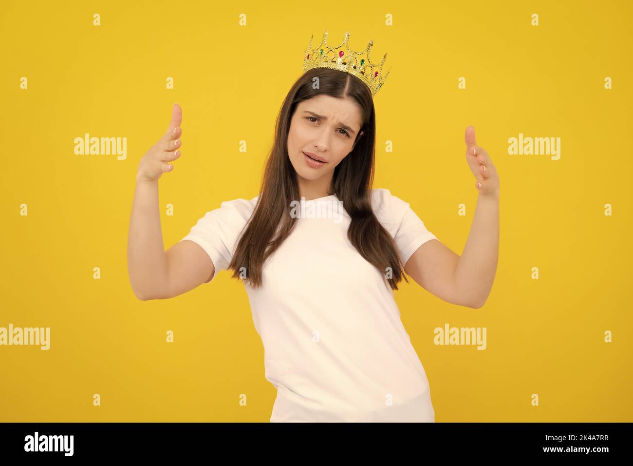 Proud arrogant woman with gold crown. Happy woman in crown, self ...