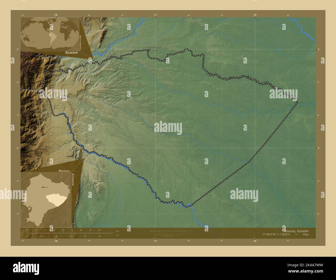 Pastaza, province of Ecuador. Colored elevation map with lakes and ...