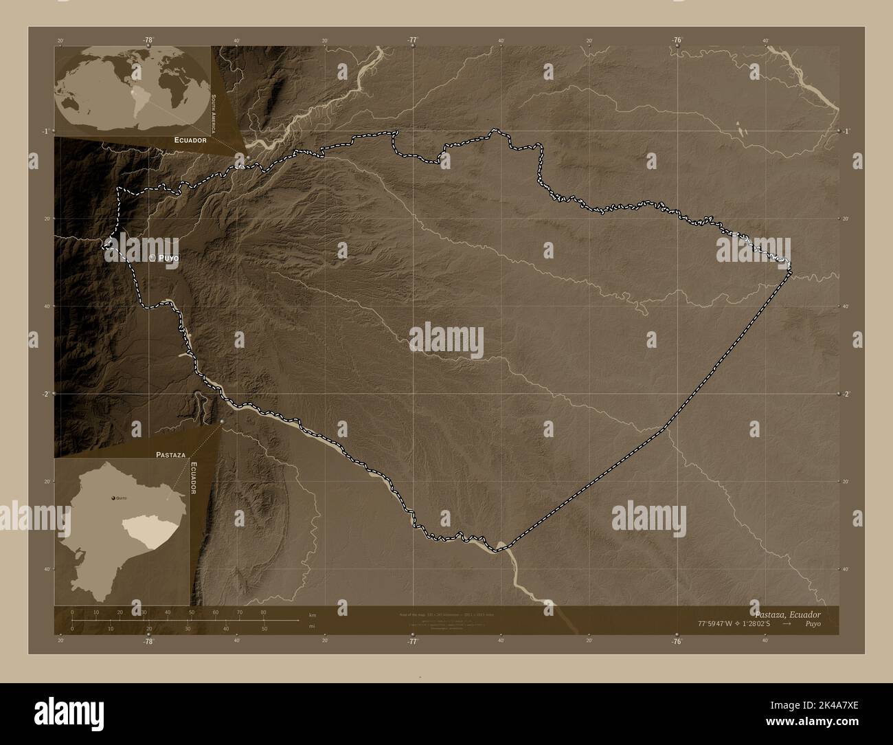 Pastaza, province of Ecuador. Elevation map colored in sepia tones with ...