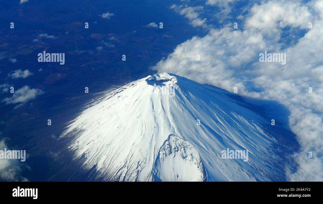 Rare images top view angle of Mt. Fuji mountain and white snow cover on ...