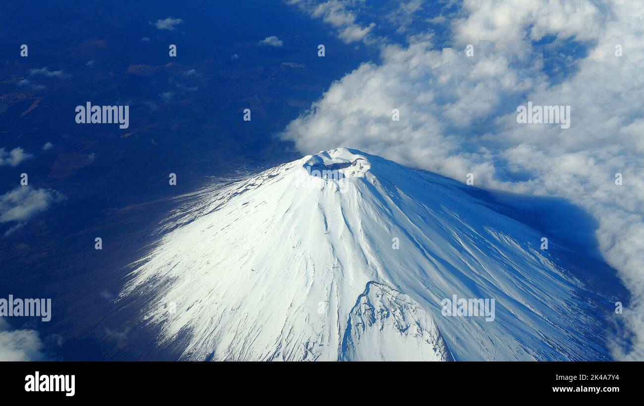Rare images top view angle of Mt. Fuji mountain and white snow cover on ...