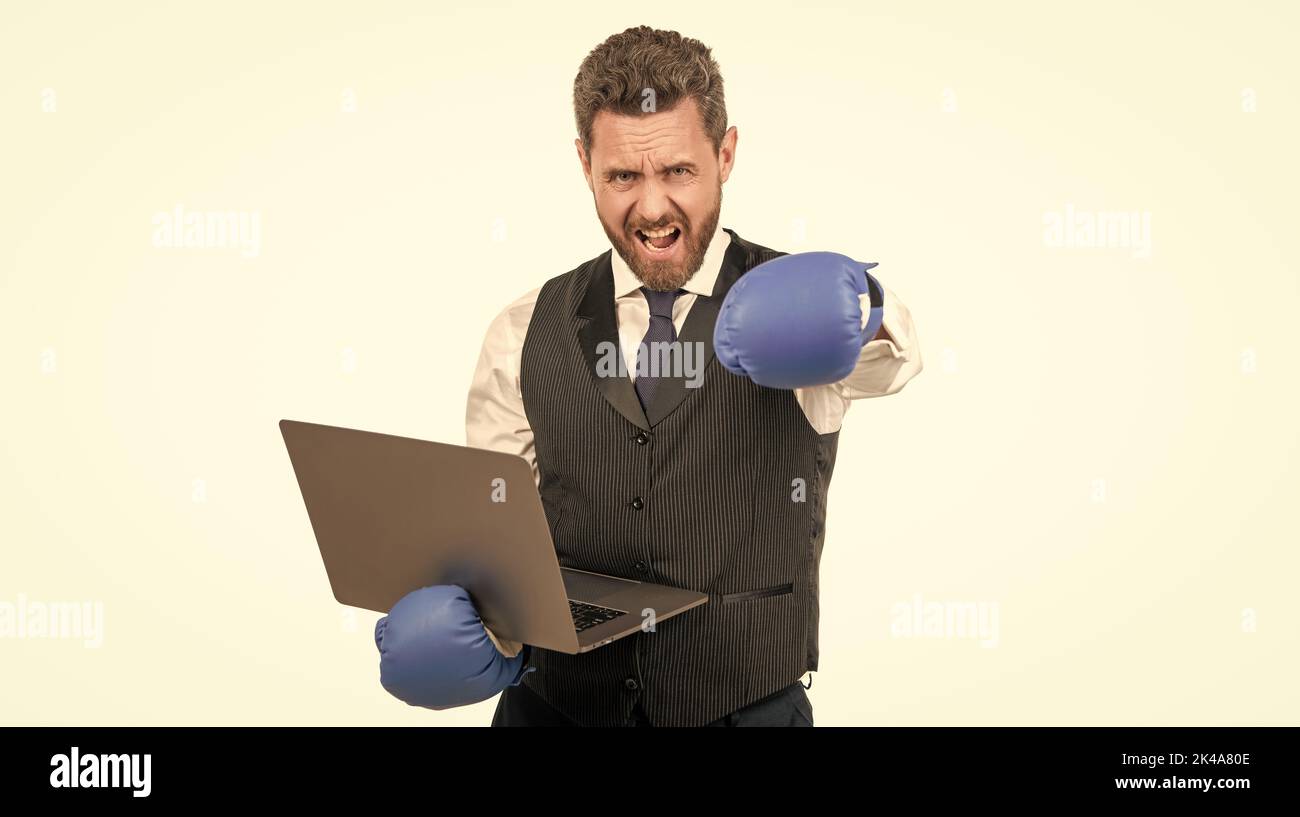 angry man punching with fist in boxing glove hold computer, anger Stock ...